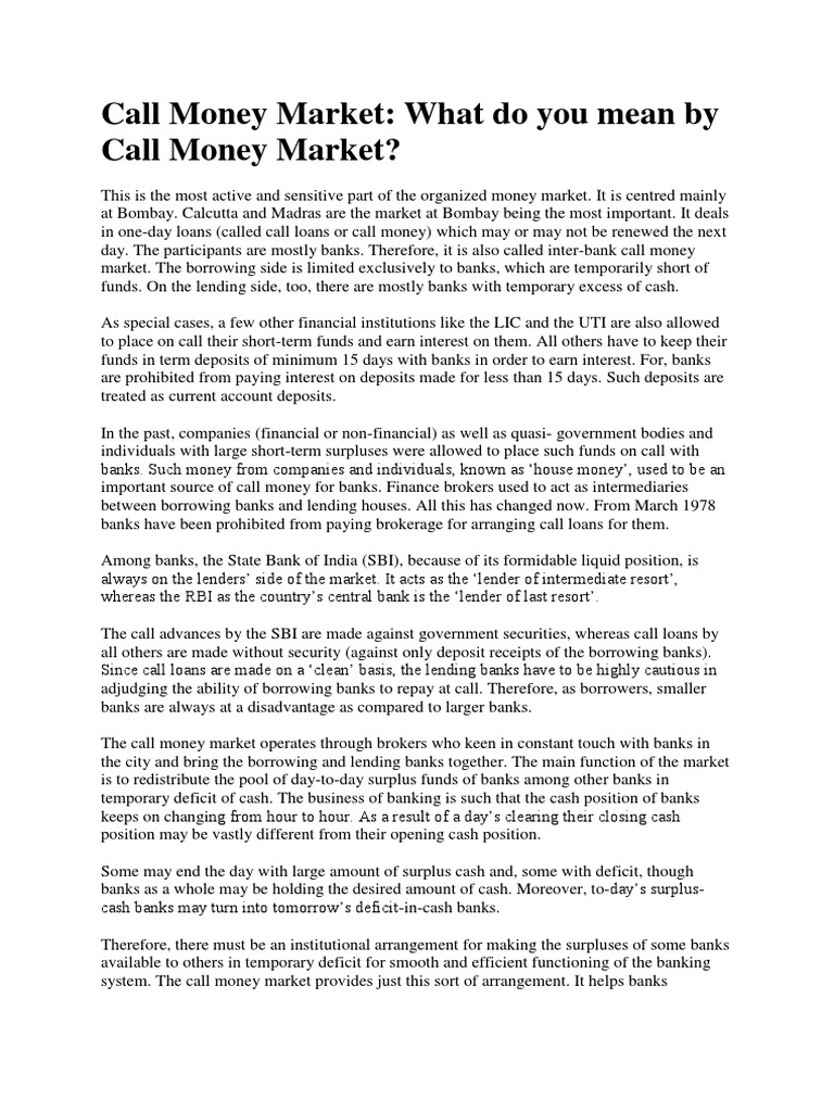 Call Money Market: What Do You Mean by Call Money Market? | PDF | Bonds ...
