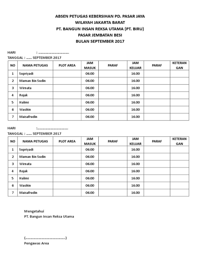 Absen Petugas Kebersihan PD New | PDF
