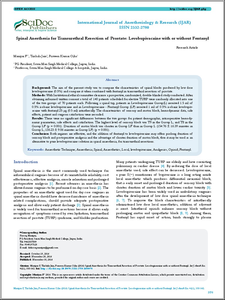 Spinal Anesthesia For Transurethral Resection of Prostate ...