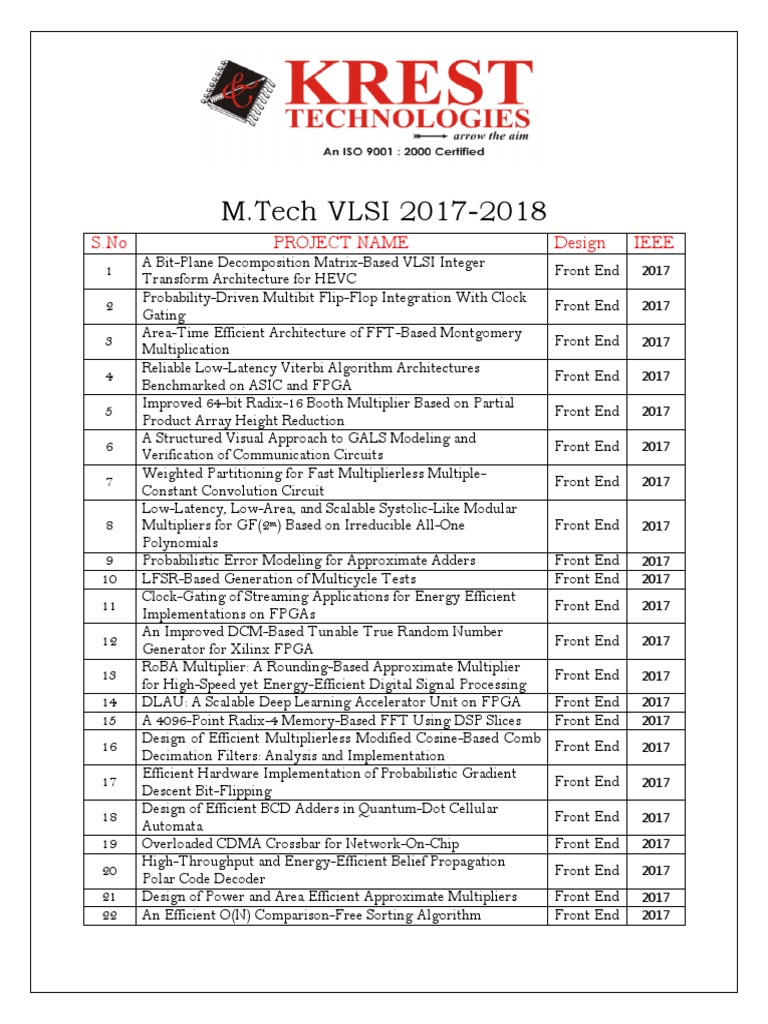 Mtech Vlsi 2017 2018 Sno Project Name Design Ieee Pdf Field Programmable Gate Array
