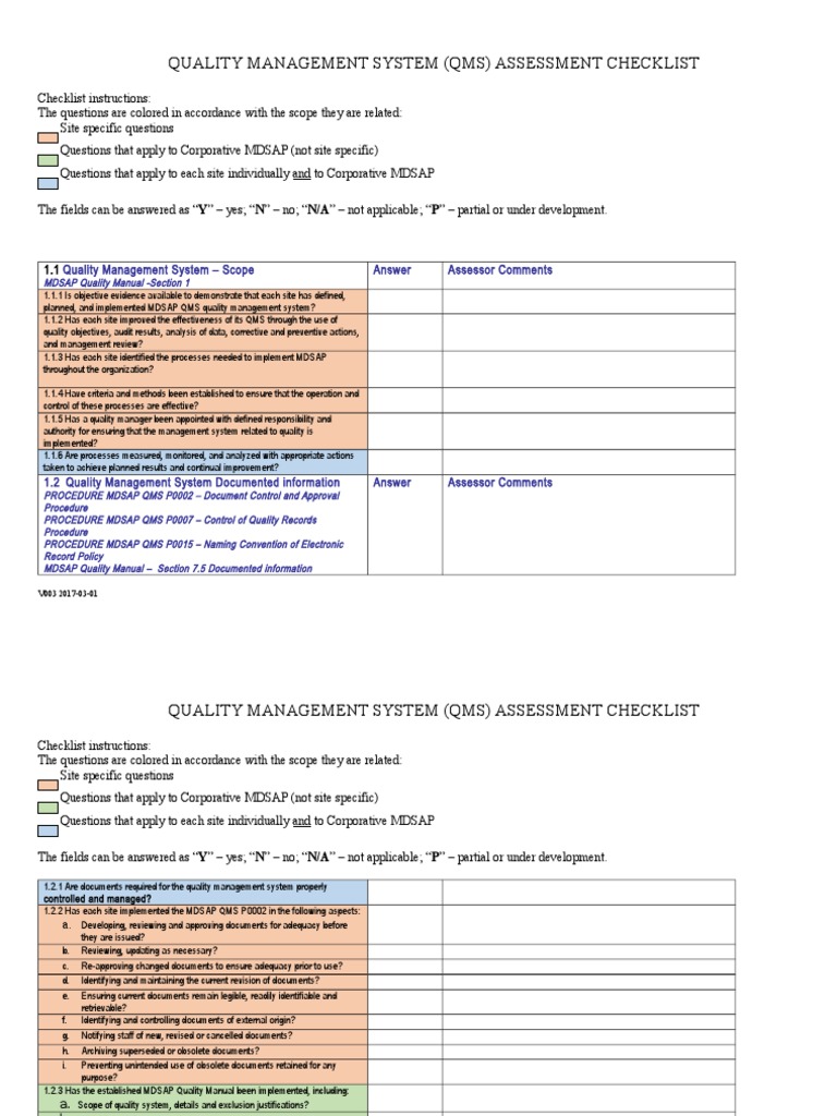 MDSAP QMS Assessment Checklist | PDF | Quality Management System | Audit