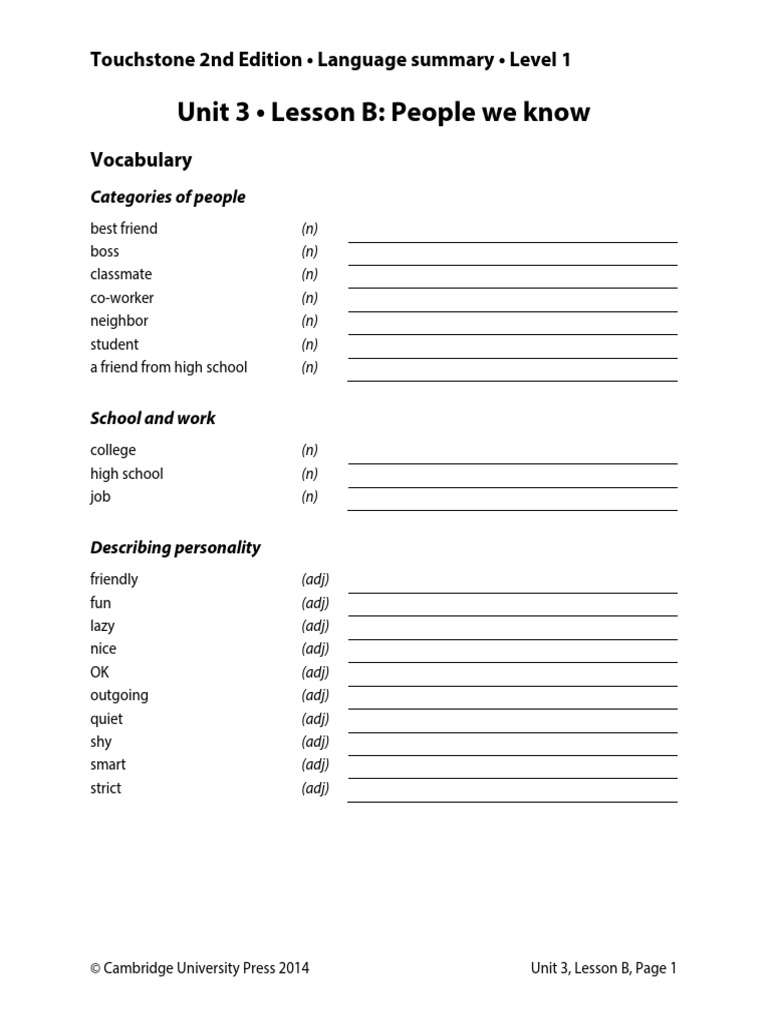 Unit 3 - Lesson B: People We Know: Touchstone 2nd Edition - Language Summary - Level 1 | PDF ...