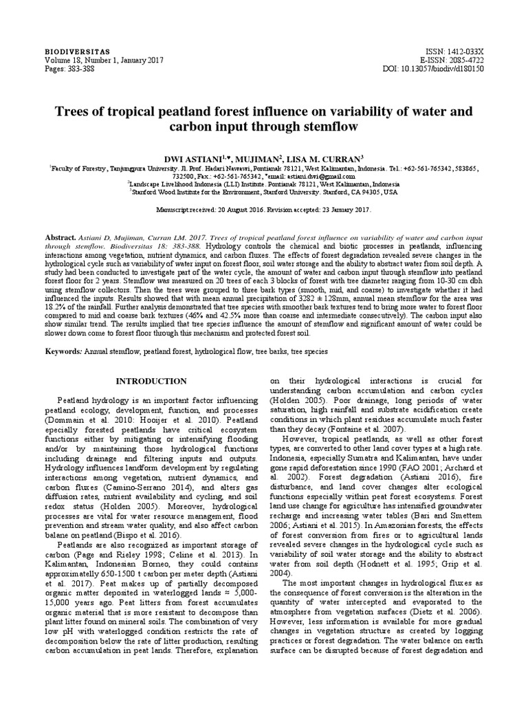 Trees of Tropical Peatland Forest Influence On Variability of Water and Carbon Input Through ...