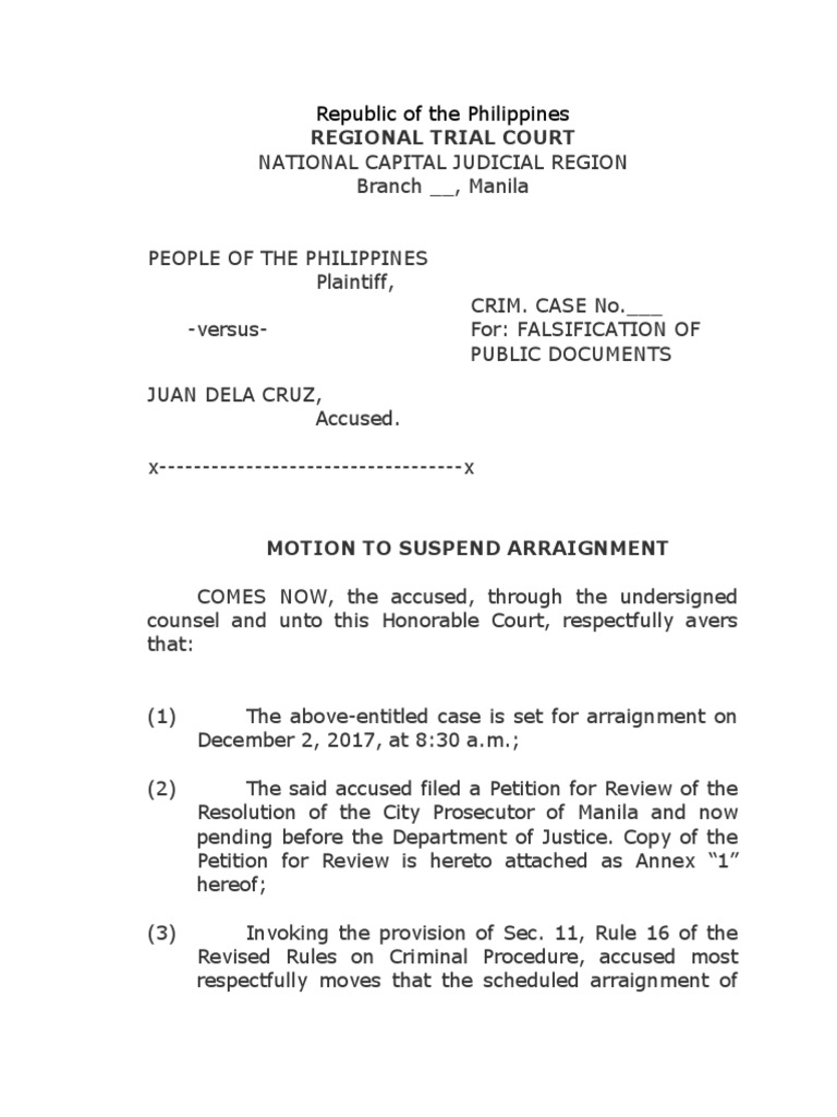 Motion To Suspend Arraignment Sample Form | Download Free PDF | Arraignment | Criminal Procedure ...