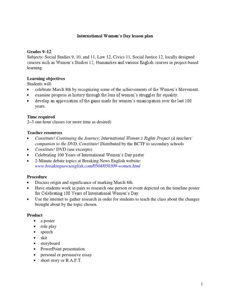 International Women's Day Lesson Plan | PDF | Project Based Learning ...