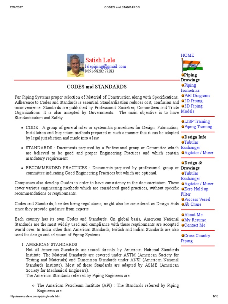 Satish Lele: Codes and Standards | PDF | Pipe (Fluid Conveyance) | Valve
