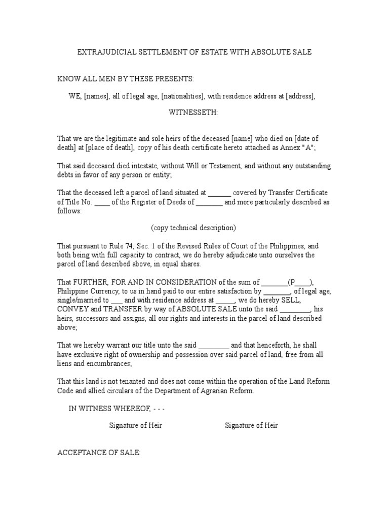 Sample Extrajudicial Settlement With Deed of Sale | PDF | Deed | Civil Law (Common Law)