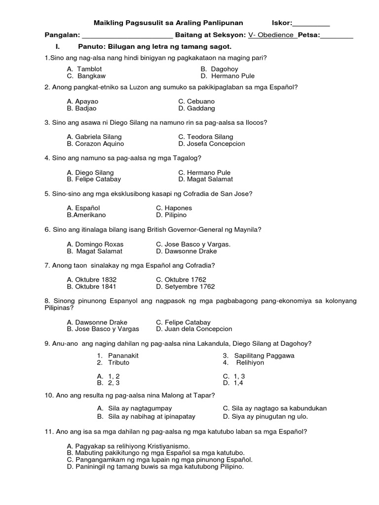 Maikling Pagsusulit Sa Araling Panlipunan | PDF