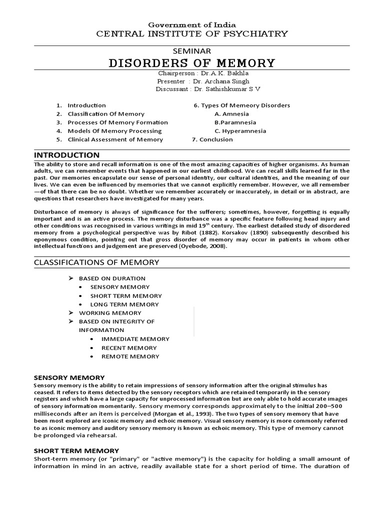 Disorders of Memory 1 | PDF | Memory | Information