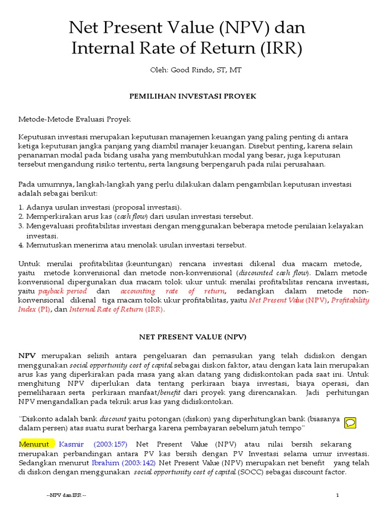 Metode NPV dan IRR dalam Investasi | PDF