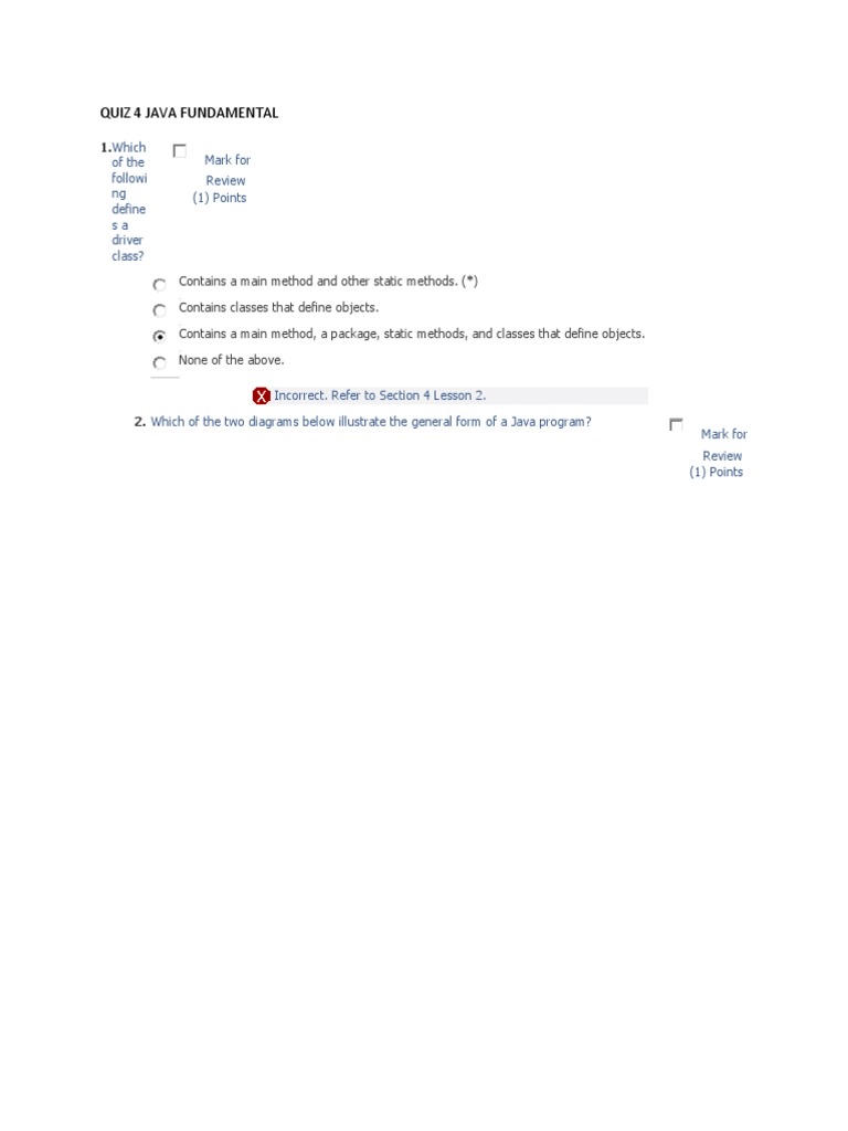 Java Fundamentals Quiz Questions | PDF | Method (Computer Programming) | Integer (Computer Science)