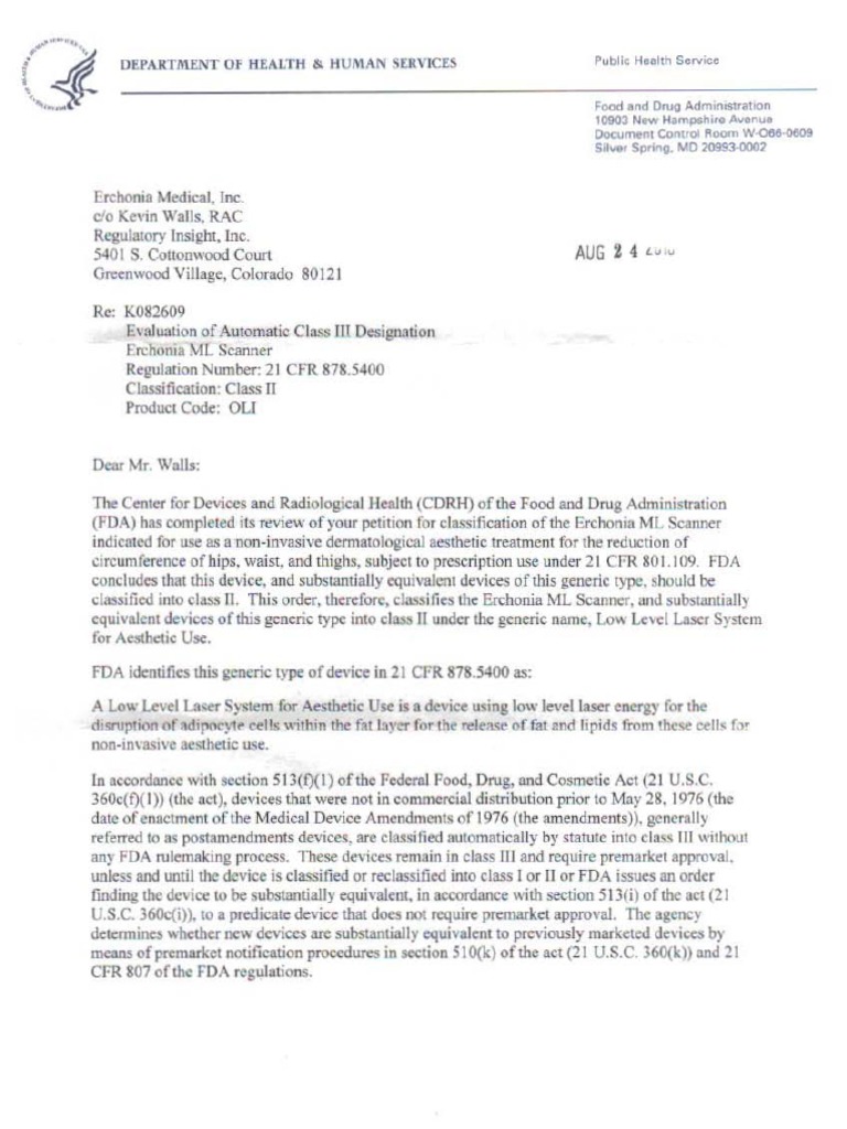FDA Class II Classification for Erchonia ML Scanner | PDF | Federal ...