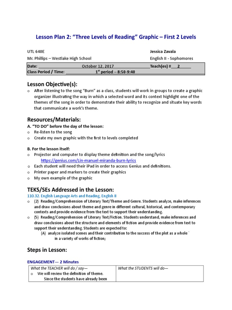 Lesson Plan 2: "Three Levels of Reading" Graphic - First 2 Levels | PDF ...