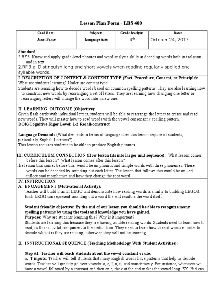 4th Grade Language Arts Lesson Plan | PDF | Phonics | English Language