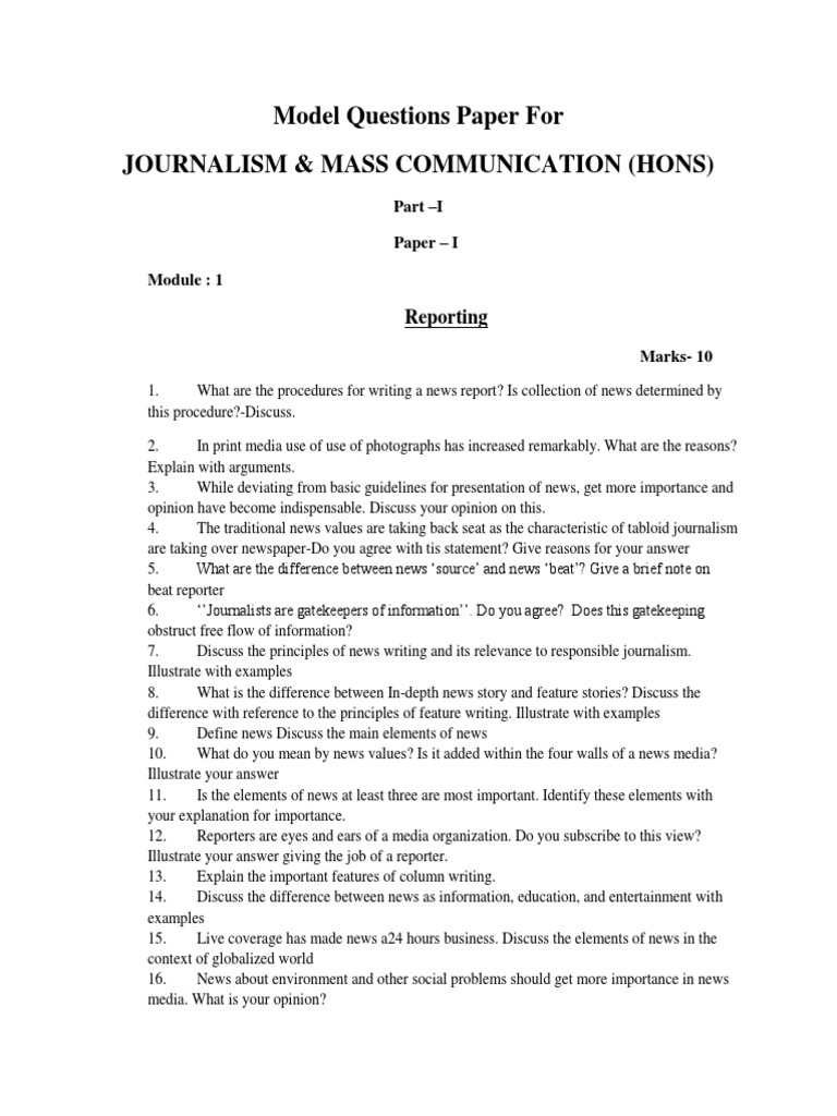 Model Questions Paper For Journalism & Mass Communication (Hons) | PDF ...