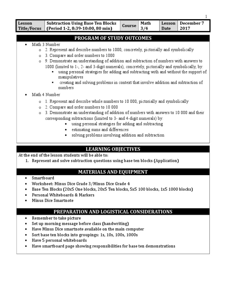 Lesson Plan 12 07 - Subtraction Using Base Ten Blocks | PDF ...
