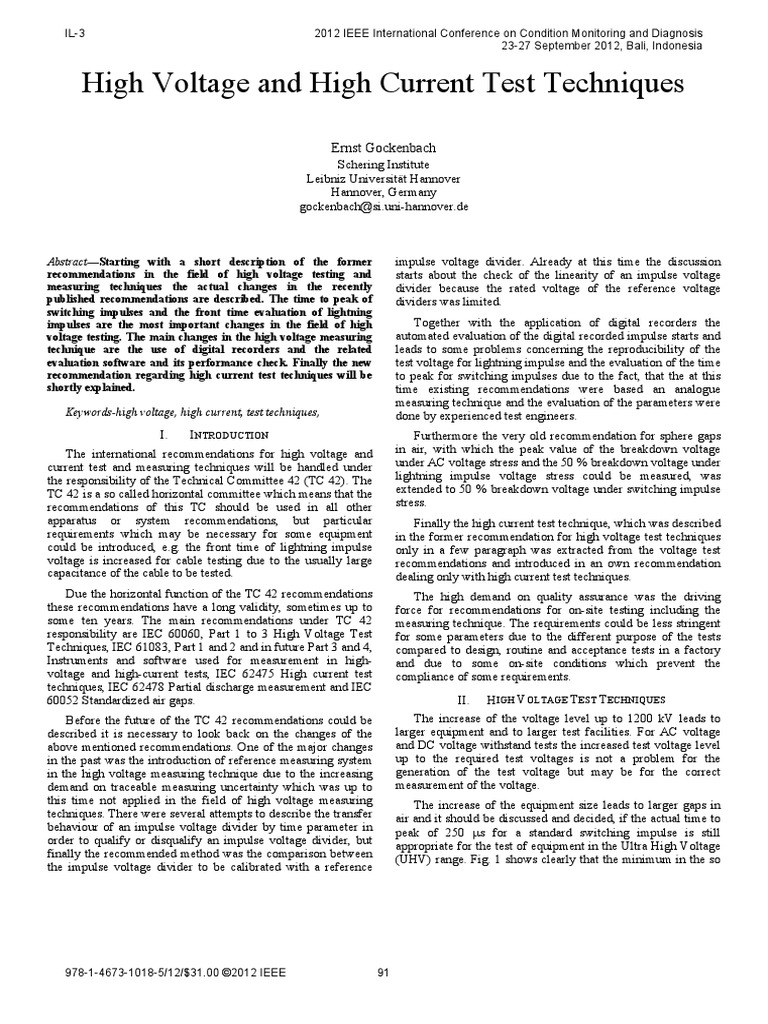 HV&HC Test Techniques PDF | Download Free PDF | High Voltage | Calibration
