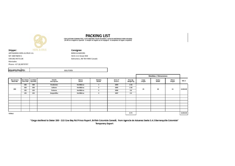 Modelo Packing List | PDF