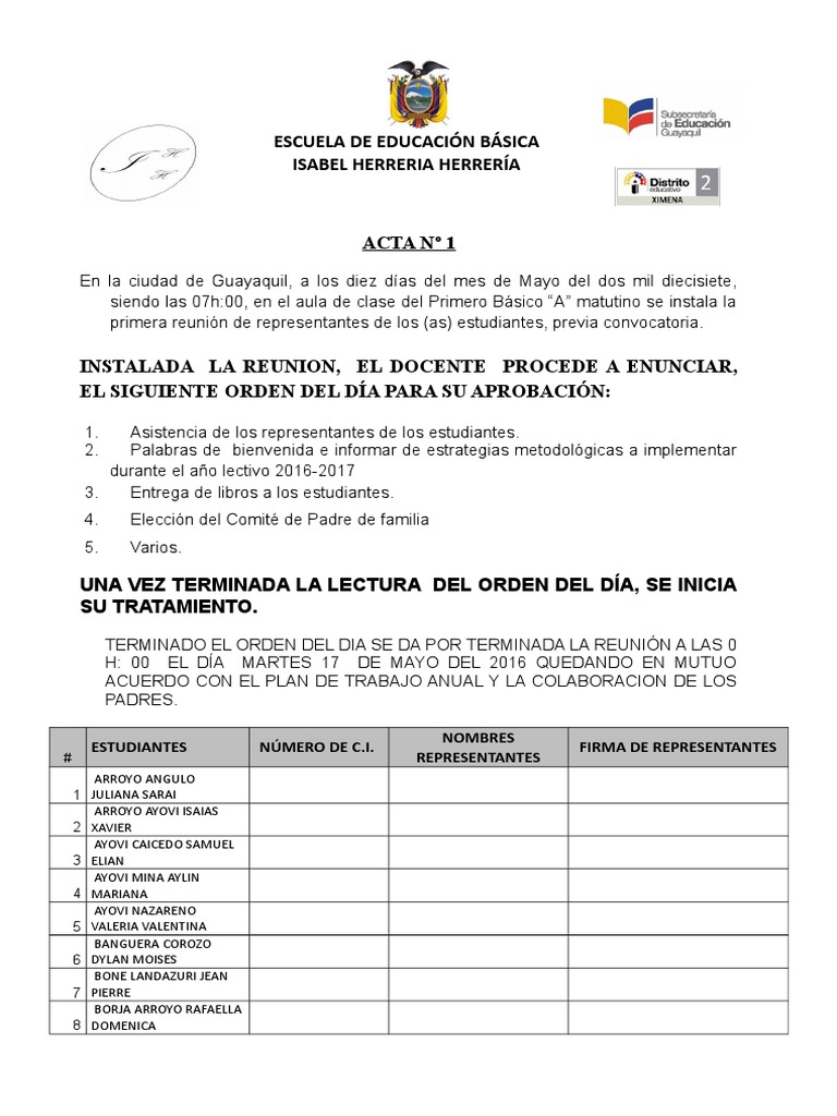 Acta de La Reunion de Padres 1 Primero