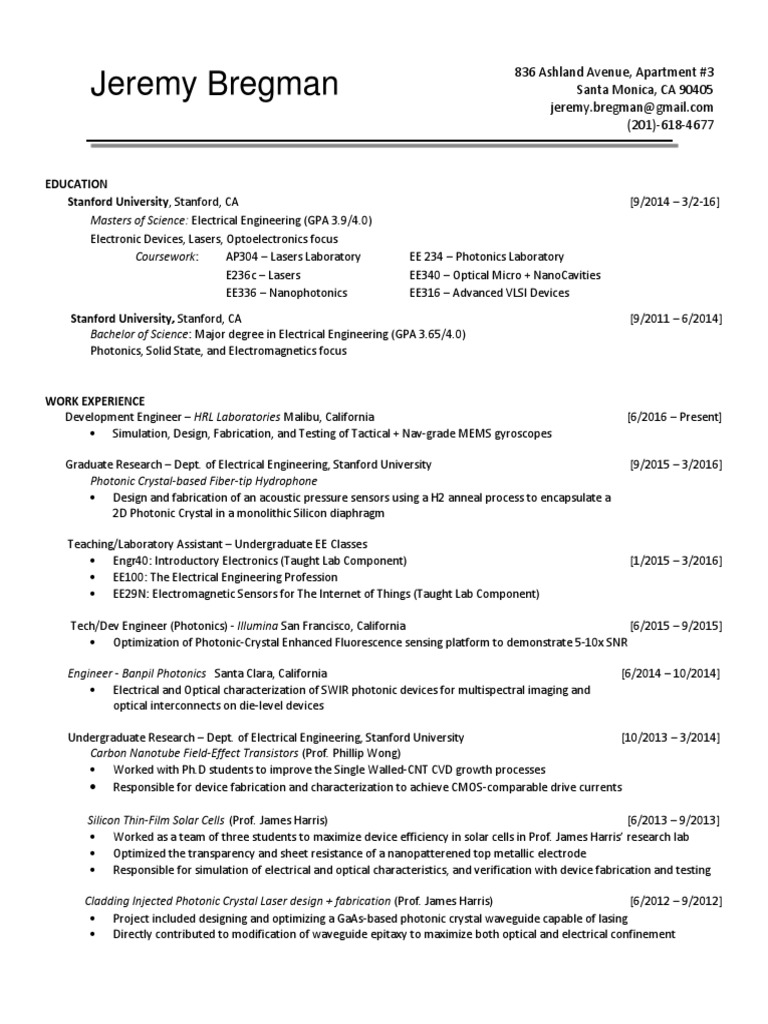 Jeremy Bregman's Engineering Profile | PDF | Photonics | Semiconductor ...