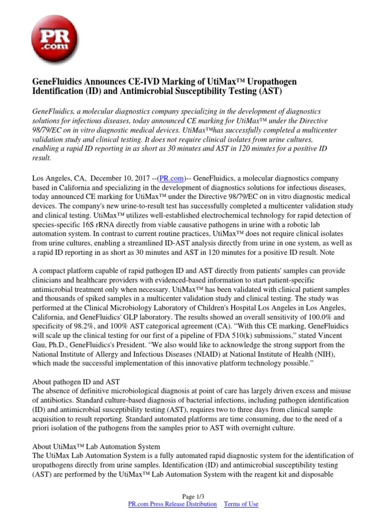 GeneFluidics Announces CE-IVD Marking of UtiMax™ Uropathogen ...