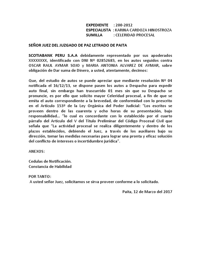 Escrito Celeridad Procesal | PDF | Derecho