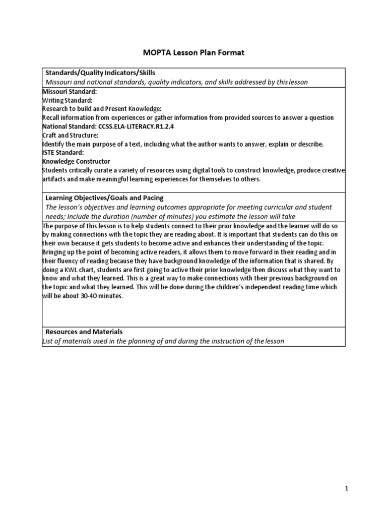 MOPTA Lesson Plan Format: Standards/Quality Indicators/Skills | PDF ...