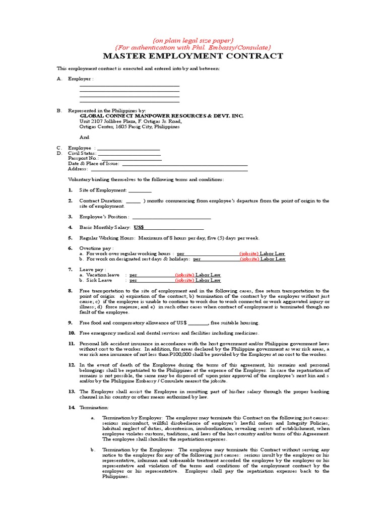 Master Employment Contract: (On Plain Legal Size Paper) (For ...
