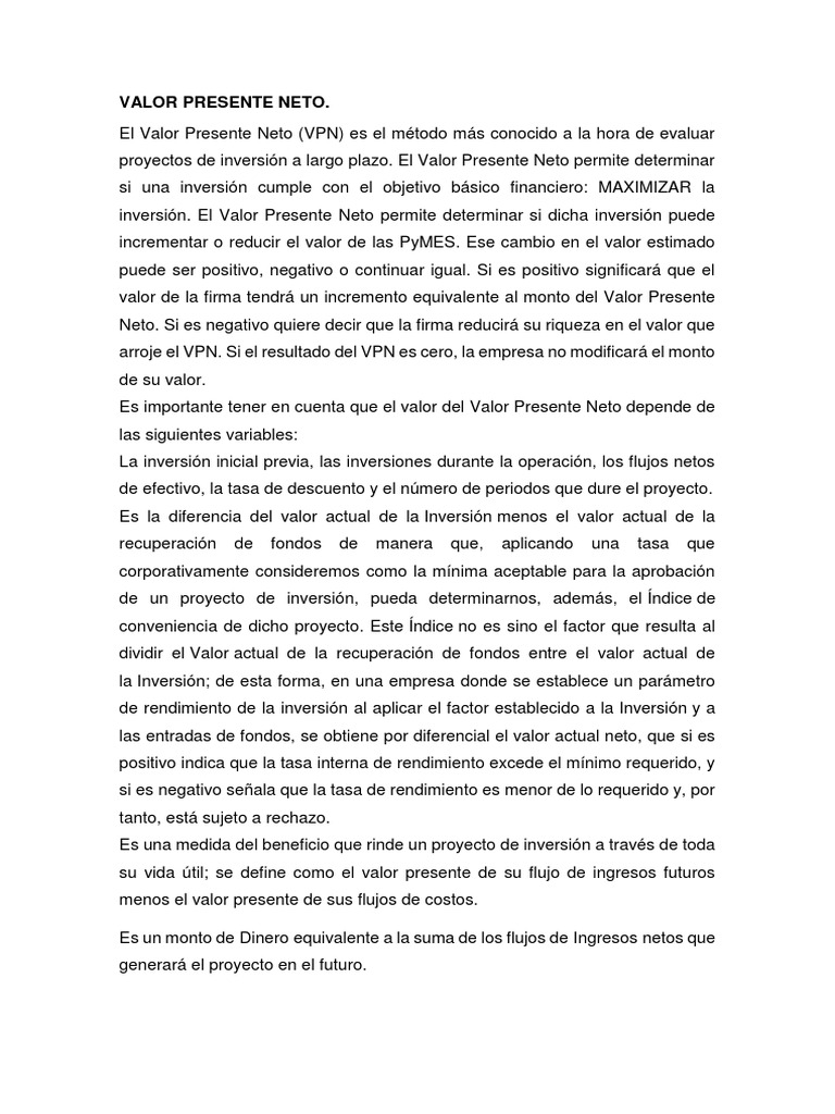 Valor Presente Neto | PDF | Valor presente neto | Beneficio (economía)