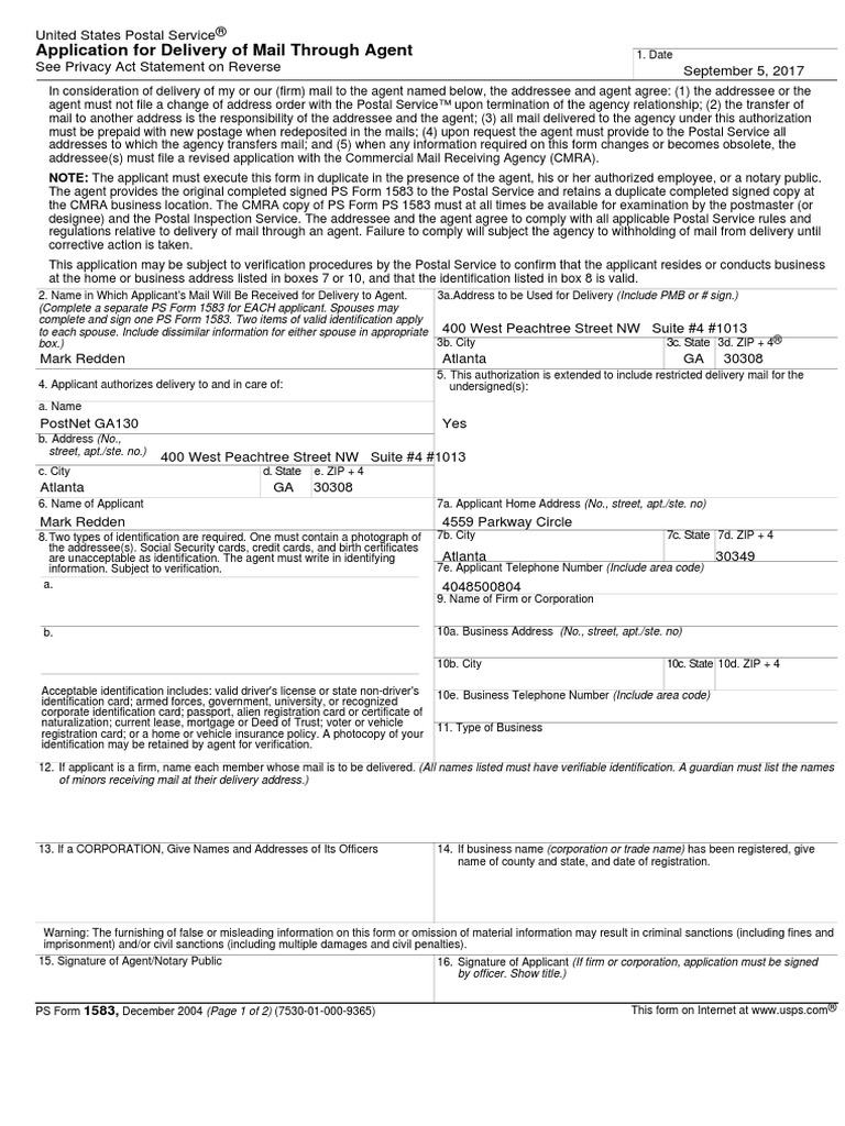 Form 1583 | Download Free PDF | United States Postal Service | Mail