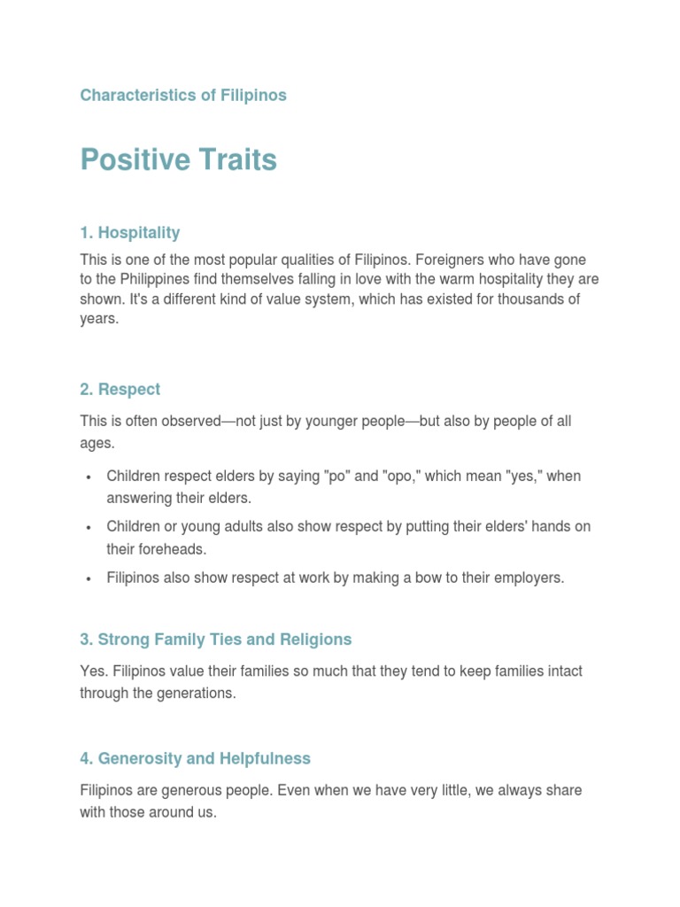Positive Traits: Characteristics of Filipinos | PDF | Philippines ...
