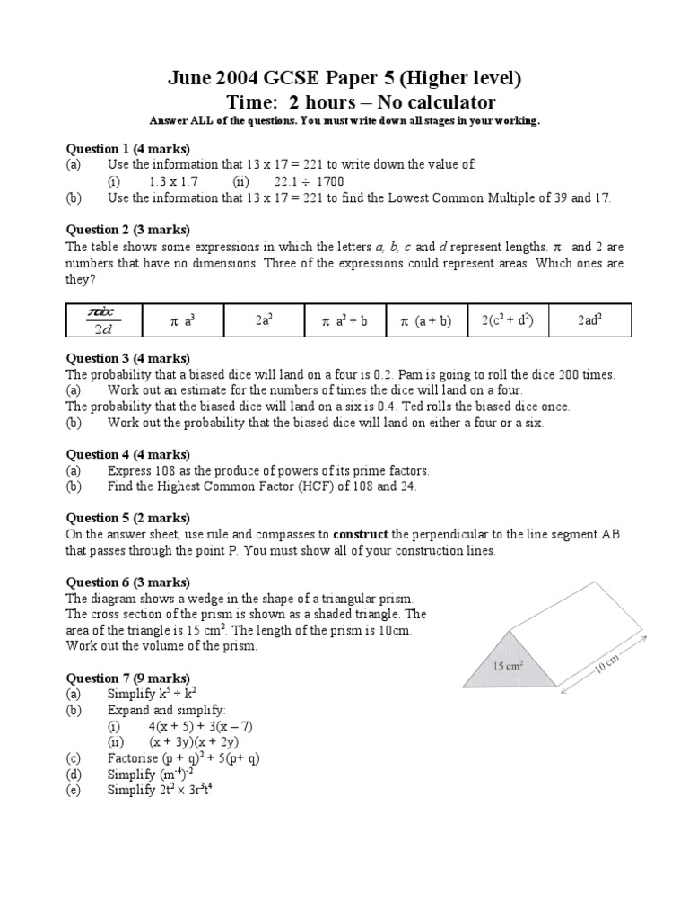 2004 June GCSE Paper 5 | PDF | Area | Triangle