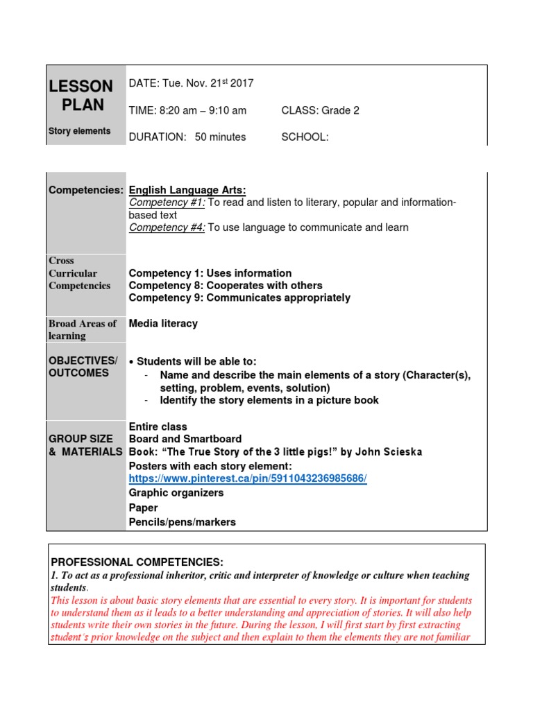 Story Elements Lesson Plan for Grade 2 | PDF | Competence (Human ...