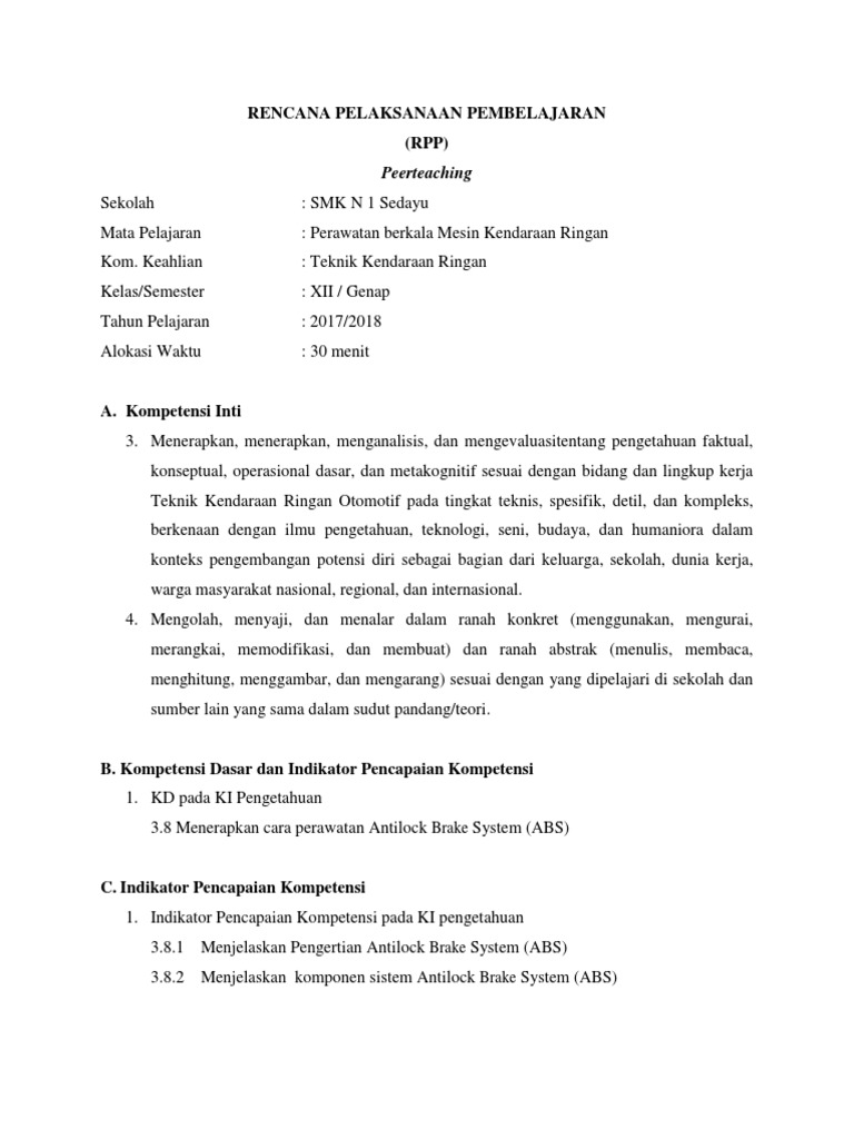 RPP KRS - Sistem Rem ABS - Peerteaching | PDF | Komputer