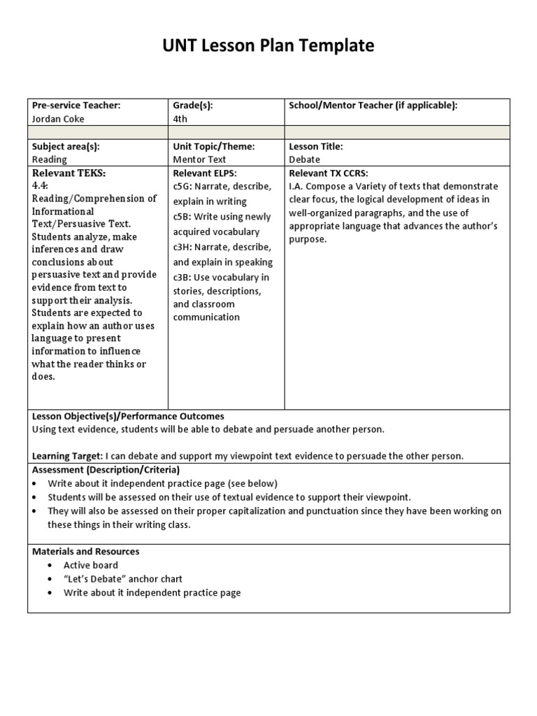 UNT Lesson Plan Template | PDF | Lesson Plan | Education Theory