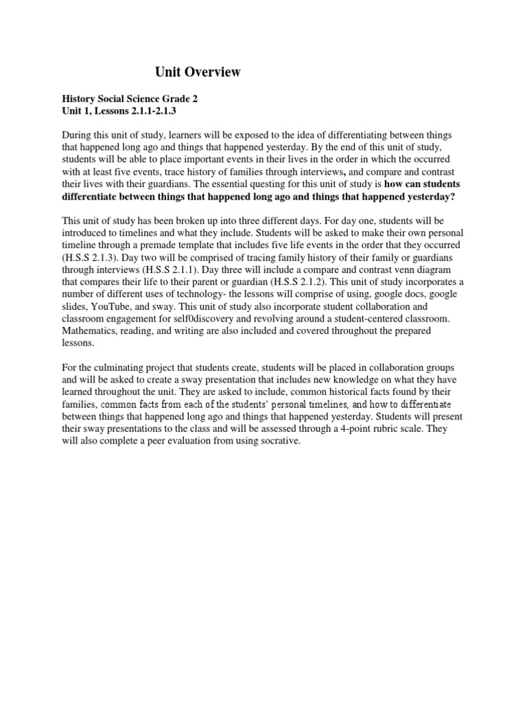 Unit Overview: History Social Science Grade 2 Unit 1, Lessons 2.1.1-2.1 ...