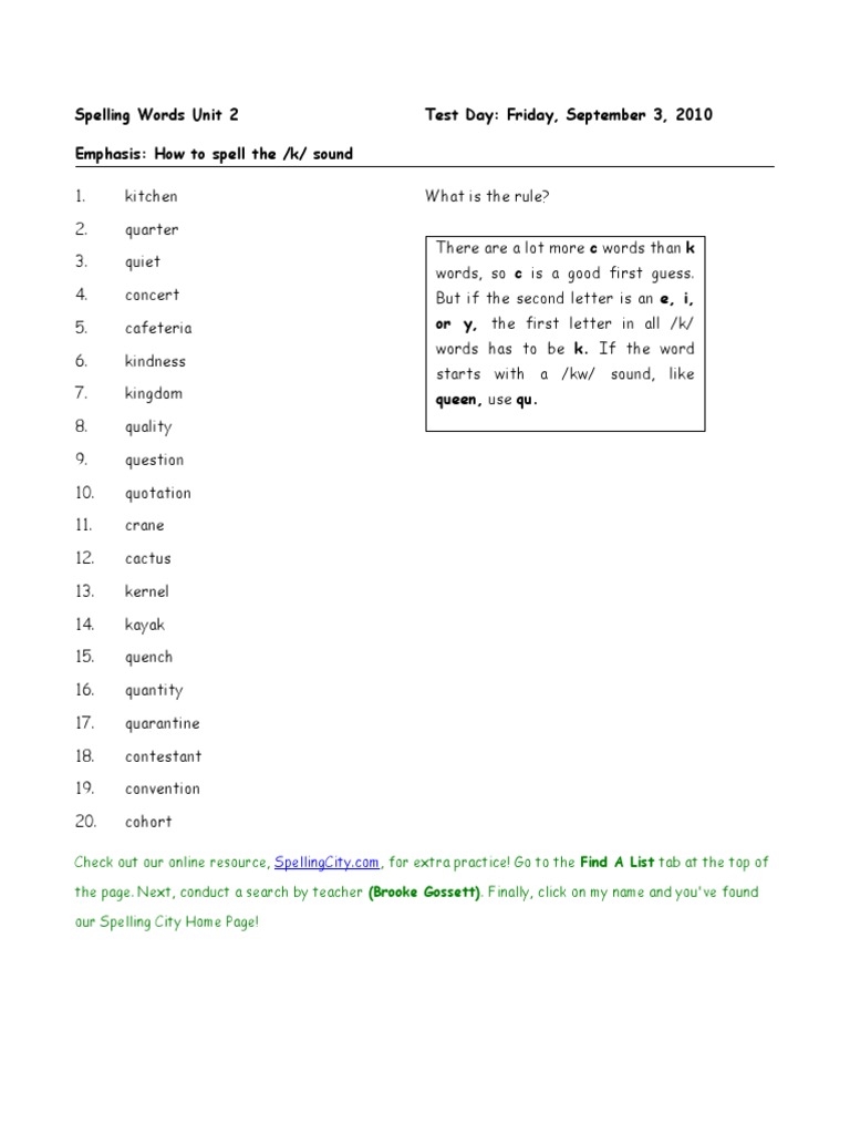 Spelling Words Unit 2 Test Day: Friday, September 3, 2010 Emphasis: How ...