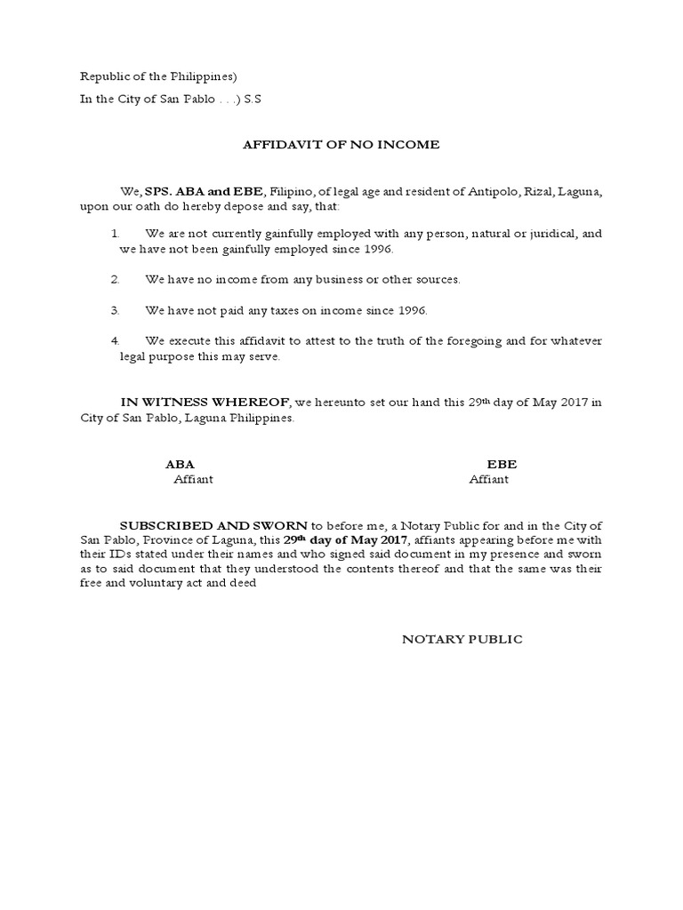 Affidavit of No Income in San Pablo | PDF