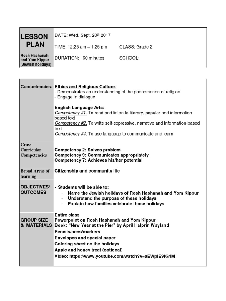 Lesson Plan Jewish Holidays | PDF | Rosh Hashanah | Cognition