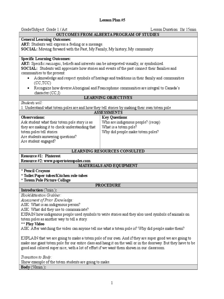 Totem Pole Art Lesson Plan for Kids | PDF | Educational Assessment ...