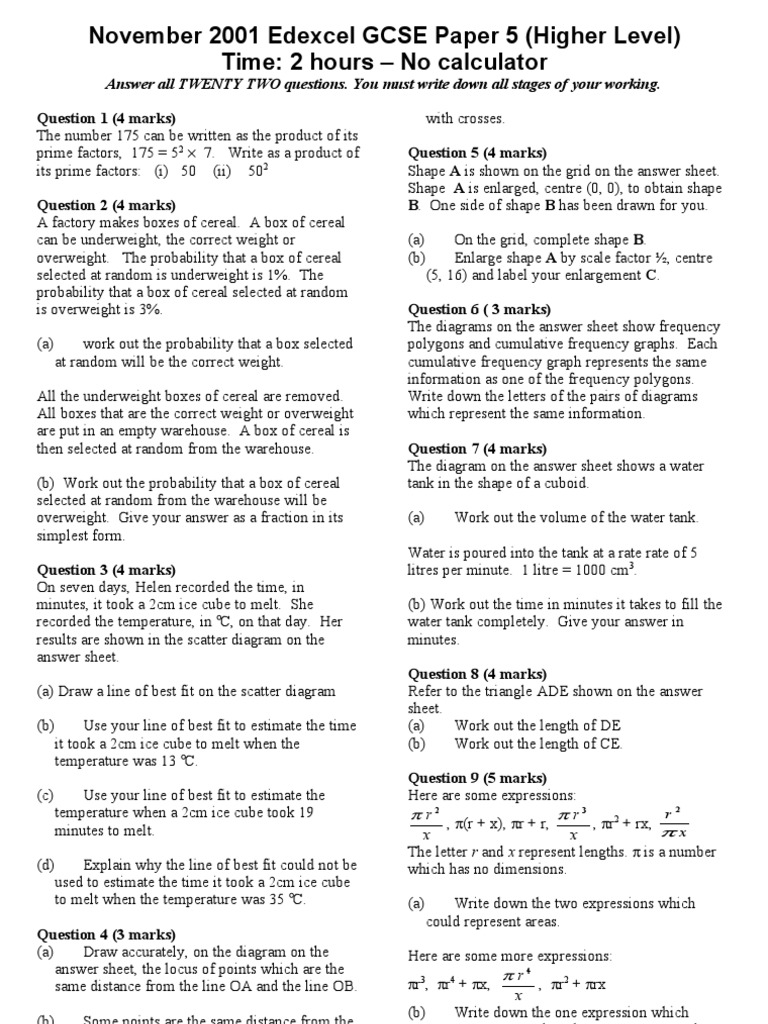 November 2001 Edexcel GCSE Maths Paper | PDF | Trigonometric Functions ...