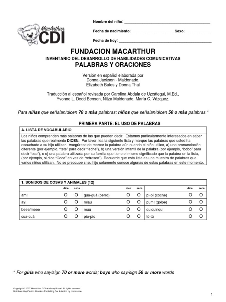 Inventario Del Desarrollo Comunicativo MacArthur-Bates | PDF | Verbo ...