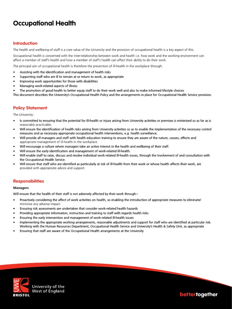 Occupational Health Policy | PDF | Occupational Safety And Health ...
