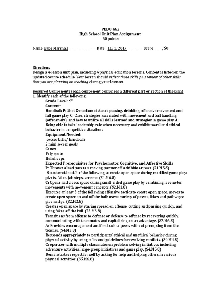 Handball Unit Plan | PDF | Educational Assessment | Physical Education