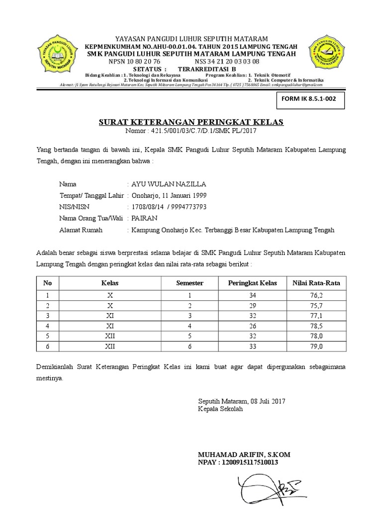 Surat Keterangan Peringkat Kelas | PDF