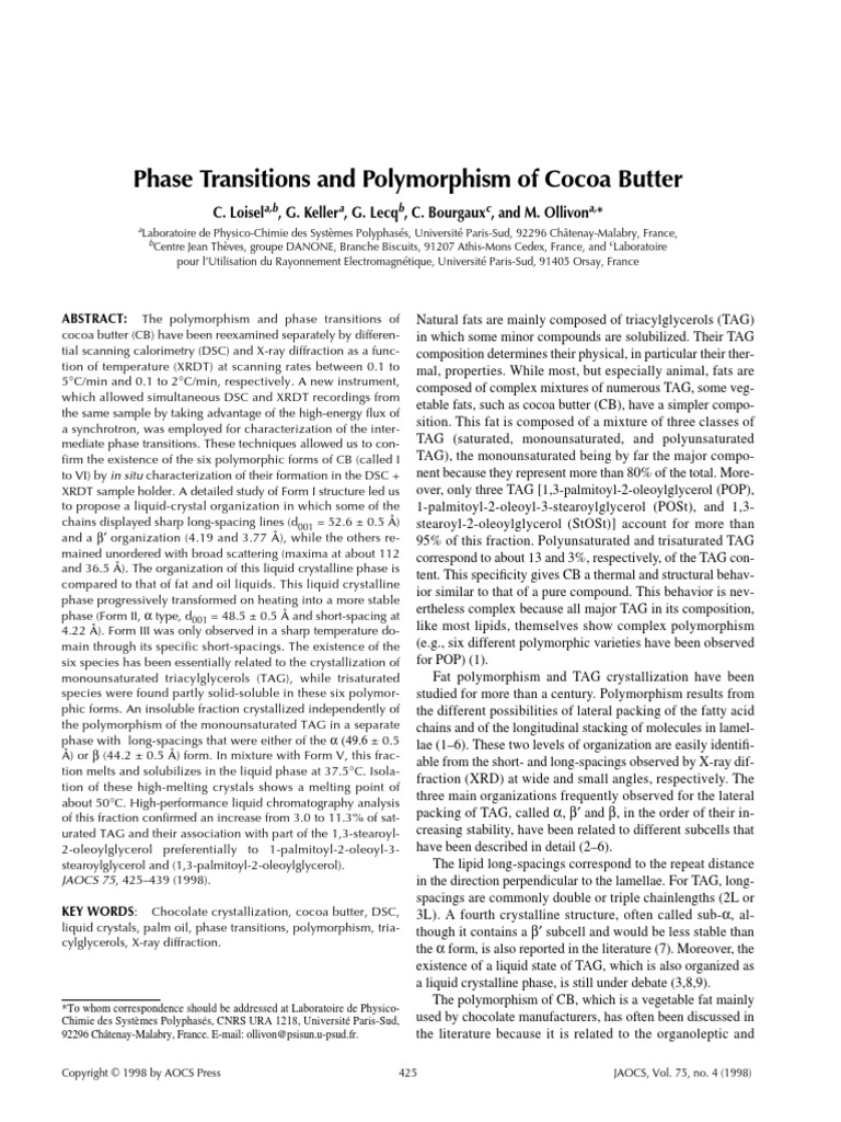 Phase Transitions and Polymorphism of Cocoa Butter | PDF | Differential Scanning Calorimetry ...
