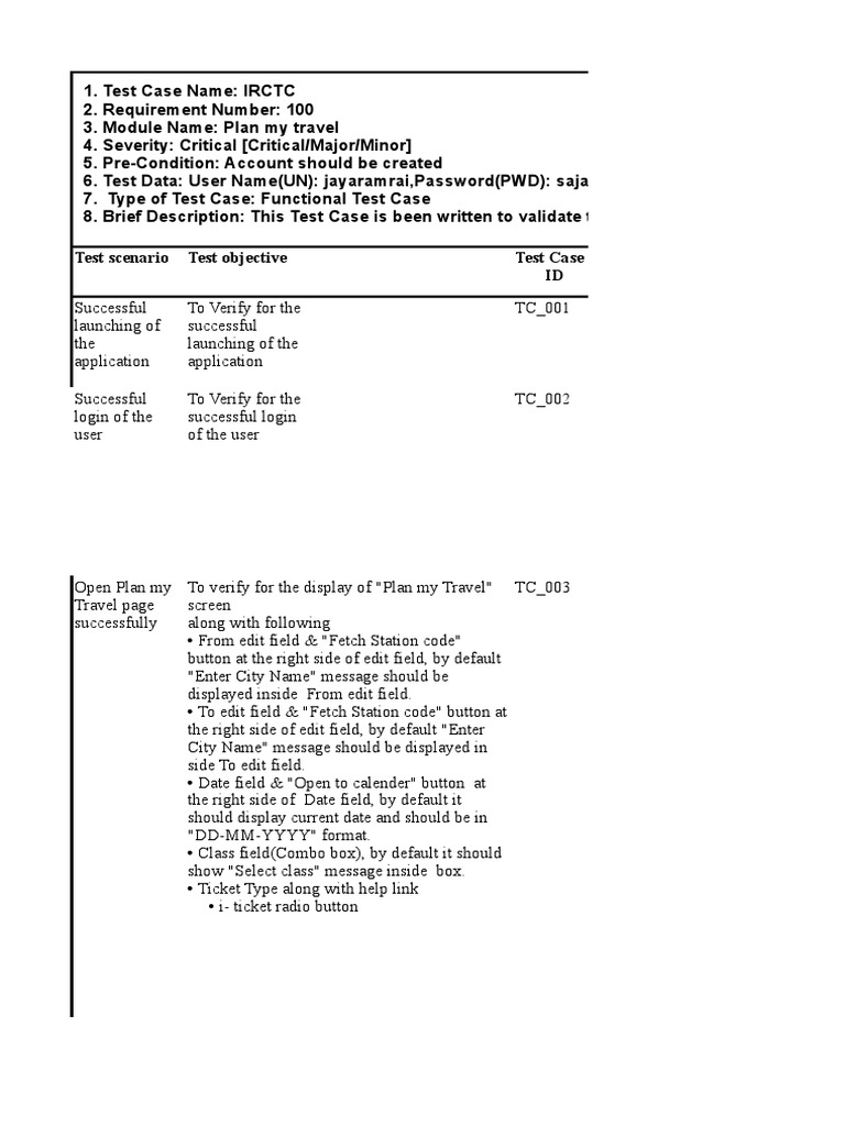 IRCTC Ticket Reservation Test Cases | PDF | Login | Password