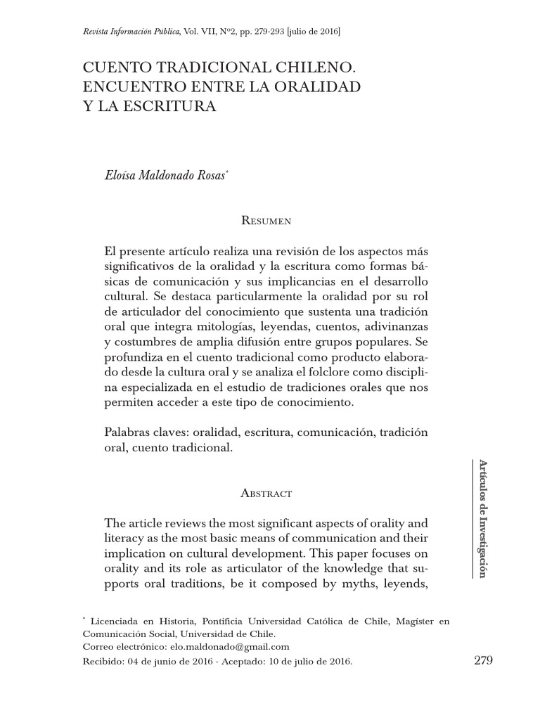 Cuento Tradicional Chileno. Encuentro Entre La Oralidad y La Escritura ...