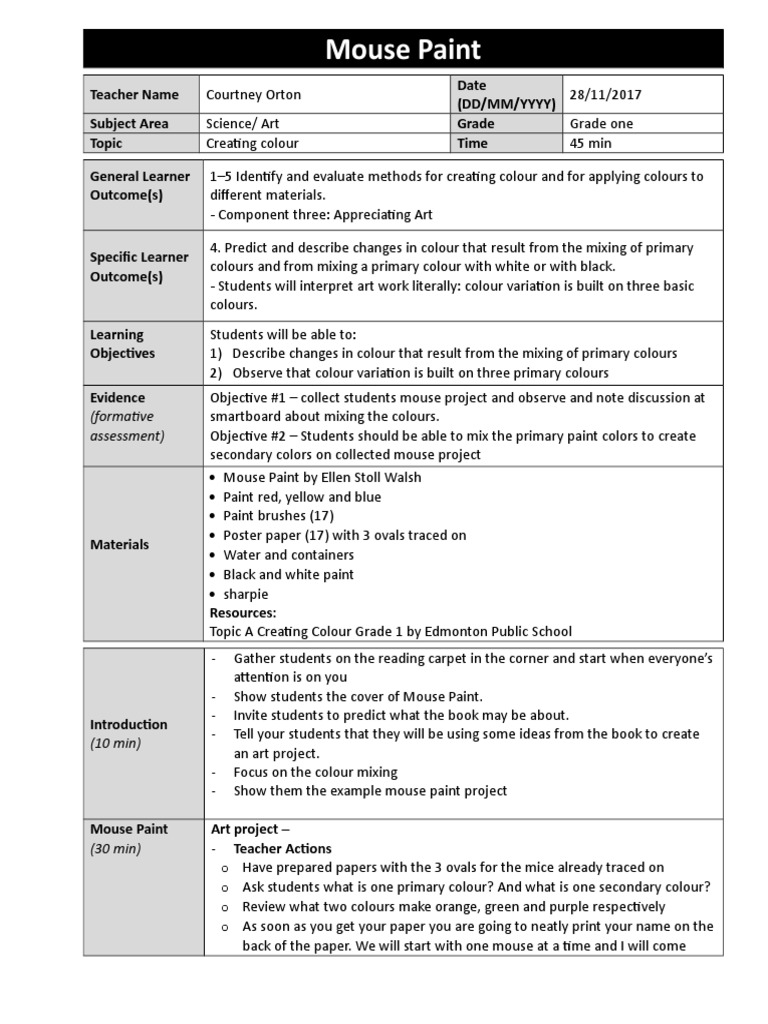 Mouse Paint Lesson Plan 1 | PDF | Color | Educational Assessment