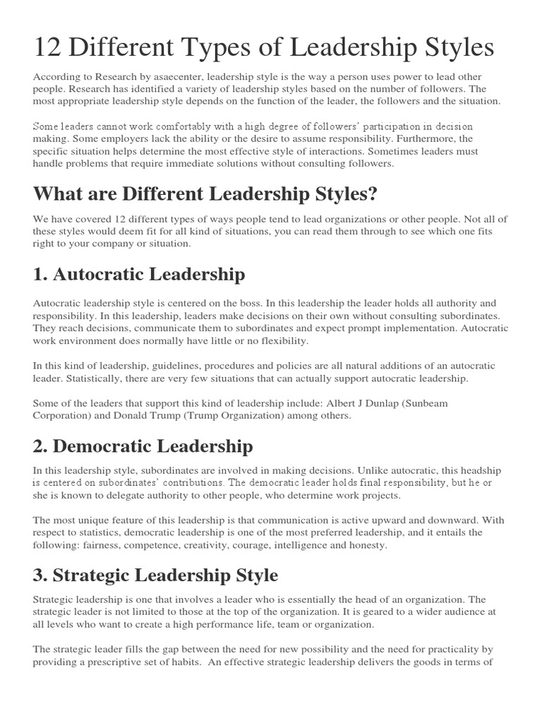 12 Leadership Styles Explained | PDF | Transformational Leadership ...